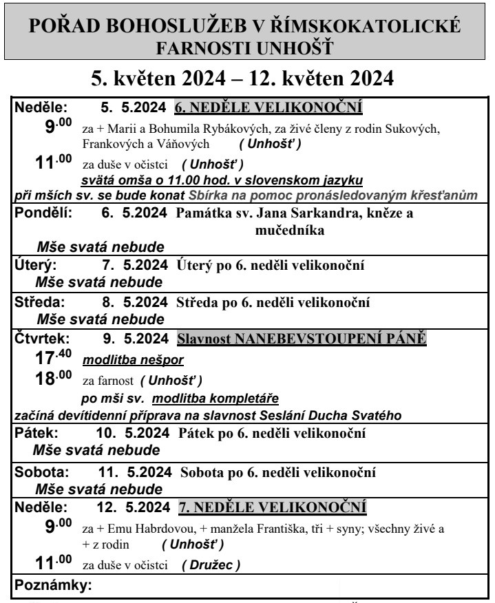 Římskokatolická farnost v Unhošti - Bohoslužby